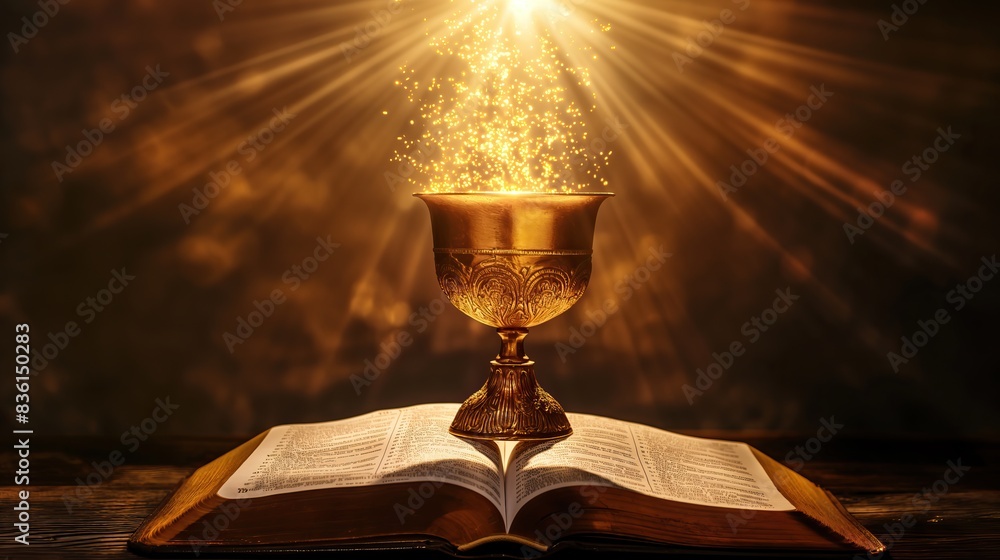 holy grail on top of an open Holy Bible with sun rays of light from ...