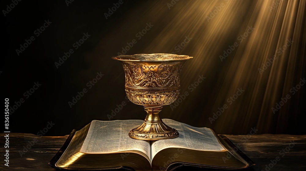 holy grail on top of an open Holy Bible with sun rays of light from ...