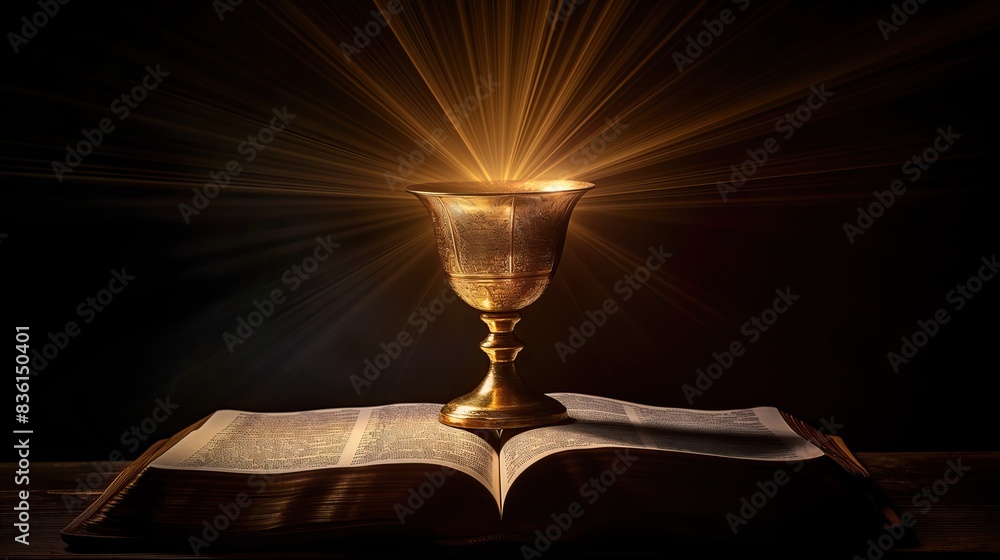 holy grail on top of an open Holy Bible with sun rays of light from ...