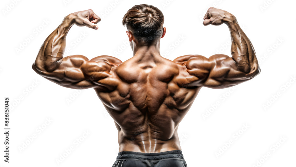 A shirtless fitness model with well-defined muscles flexes his back and ...