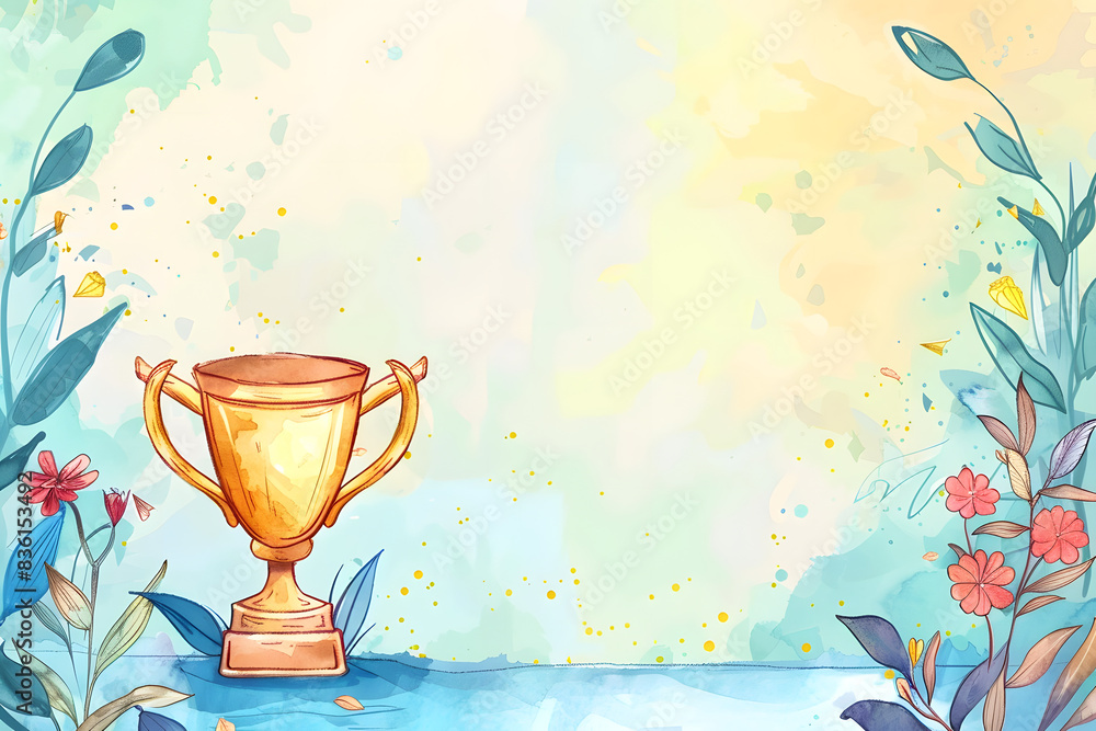 Cute cartoon trophy cup frame border background in watercolor style ...