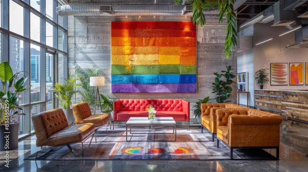 Corporate office featuring a Pride Month wall display with LGBTQ+ icons ...