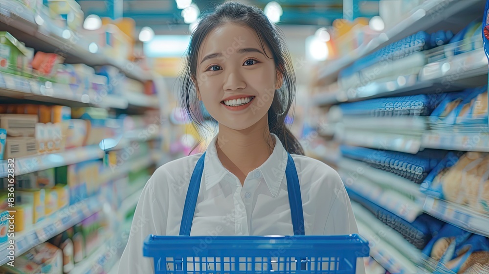 hyper realistic, Woman, 20s, smiling, supermarket employee, blue and ...