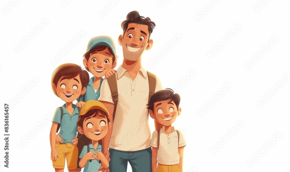 happy cartoon father with his children for family dad bonding concepts ...
