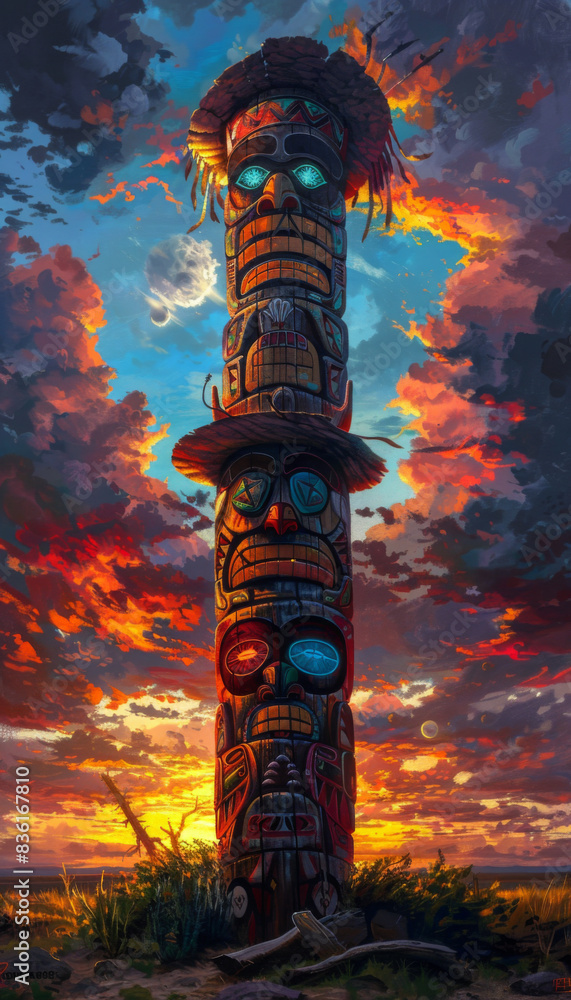 Colorful totem pole against a vibrant sunset sky, representing Native ...