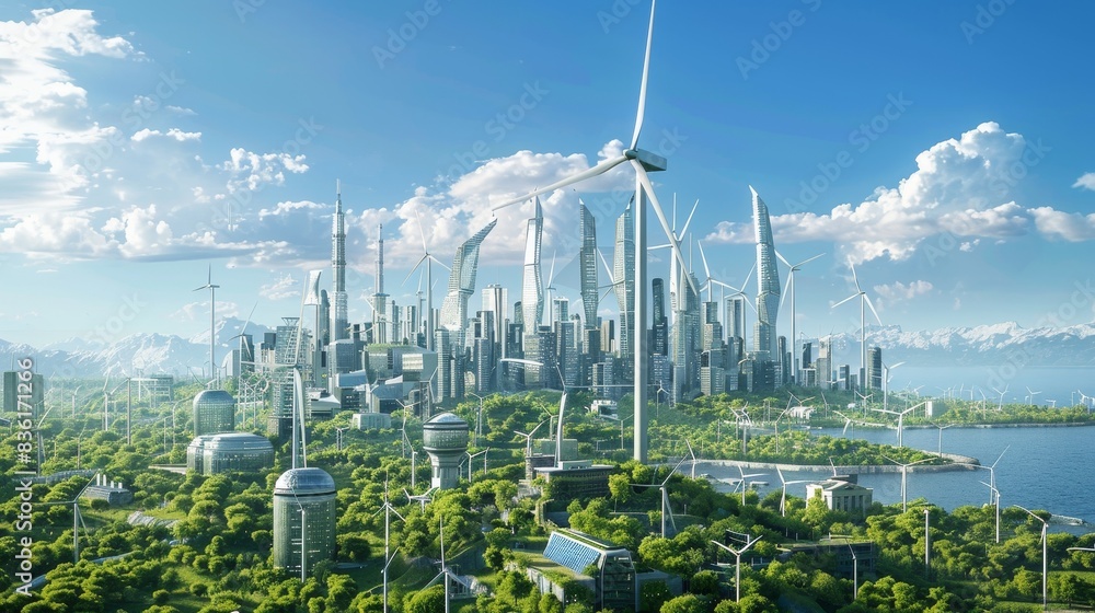 A futuristic mega-city powered by renewable energy, with towering wind ...