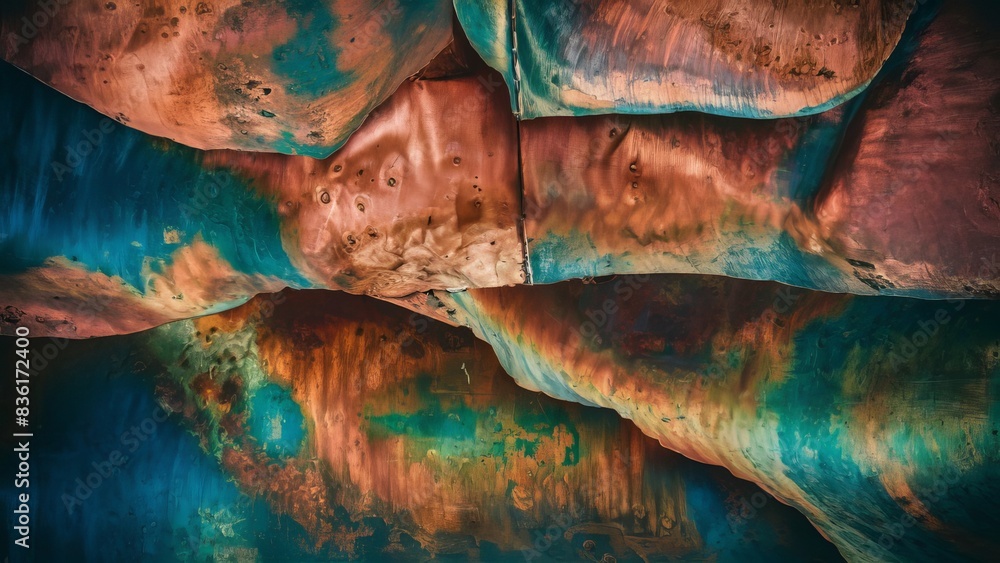 A weathered sheet of copper with a rich, earthy texture has aged and ...