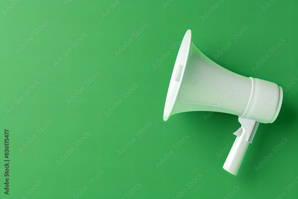3D white megaphone on green background with right side positioning ...