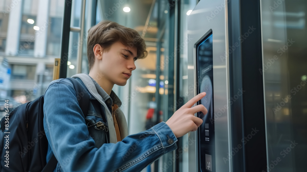 Young man using fingerprint scanner on a modern access control system ...