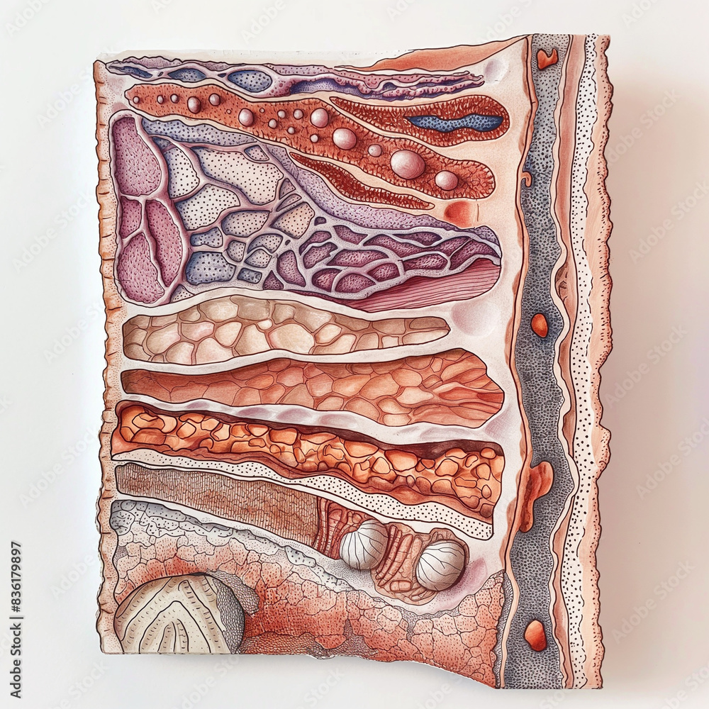 Human skin anatomy isolated on white background. Skin layers: epidermis ...