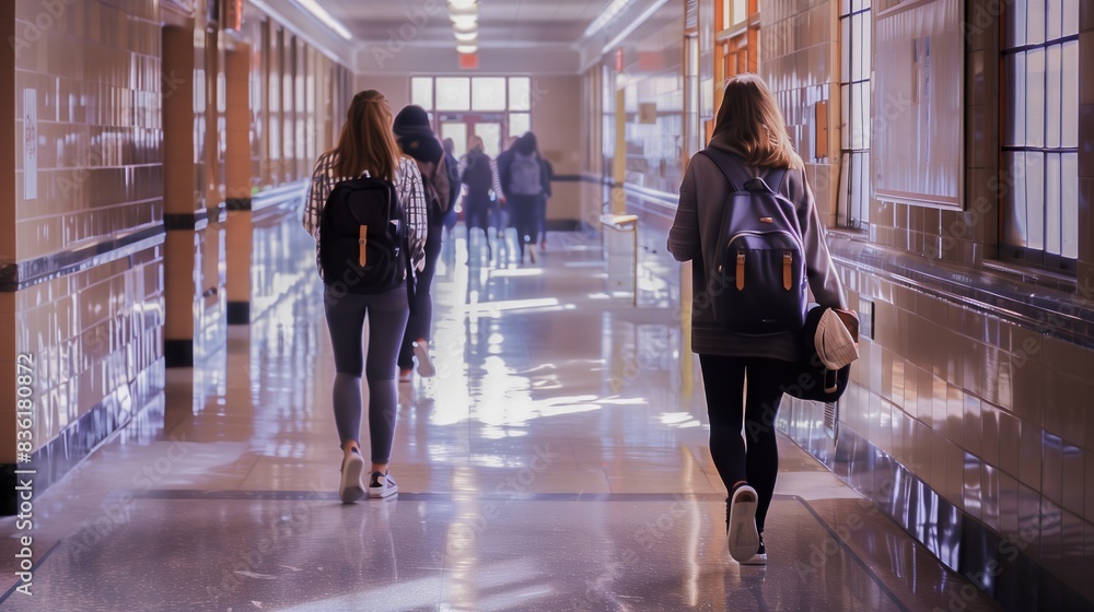 School hallway bustling with students navigating the social and ...
