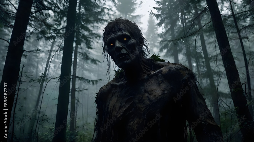 Humanoid monsters in the misty forest. A zombie is found in the dark ...