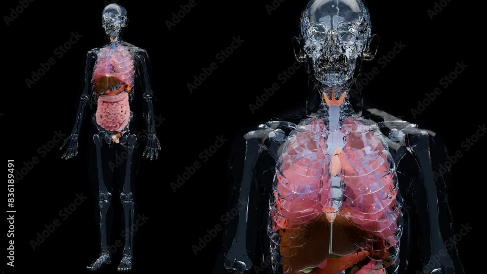 Human anatomy, internal organs and bones, loop animation, respiratory ...