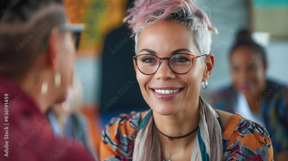Portrait of LGBTQ WOMAN from various countries smiling in a meeting ...