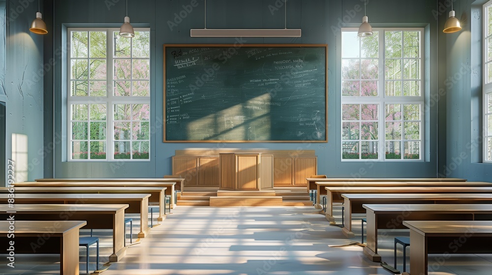 clean classroom, front view, with podium blackboard and desks and ...