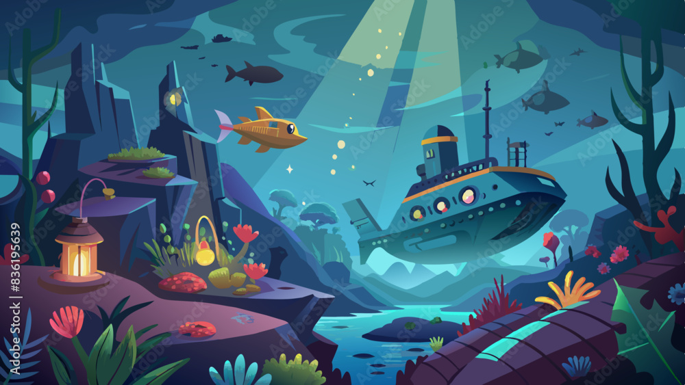 Deep-sea adventures with submarines exploring sunken ships, surrounded ...