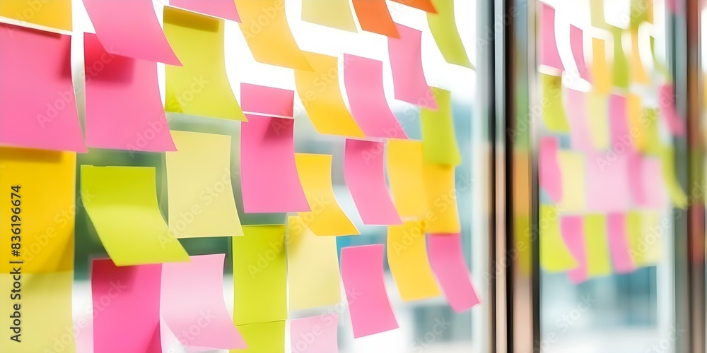 Colorful sticky notes on glass wall during design thinking ...