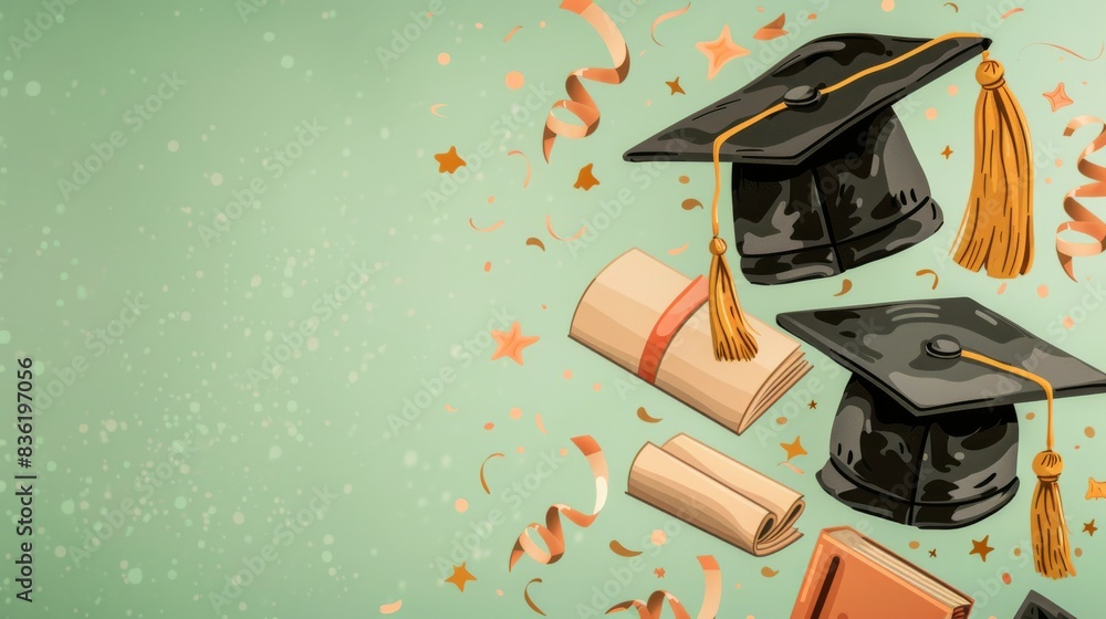 Graduation Celebration with Caps and Diplomas on Green Background with ...