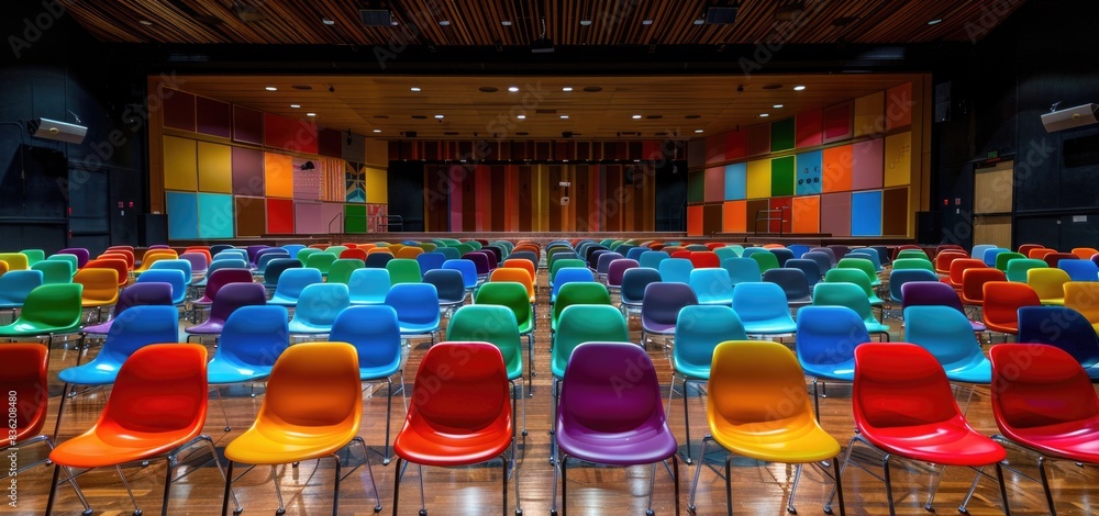 Colorful chairs arranged in rows for an open air meeting or conference ...