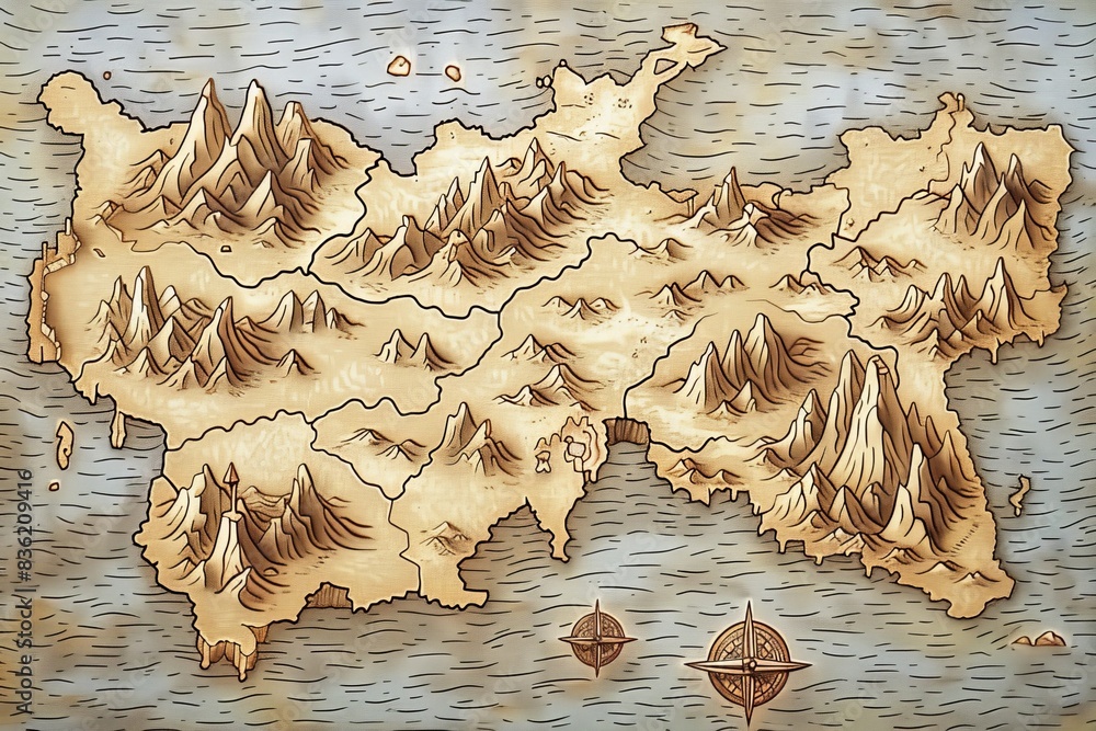 Detailed fantasy map of an imaginary world with mountains and rivers ...