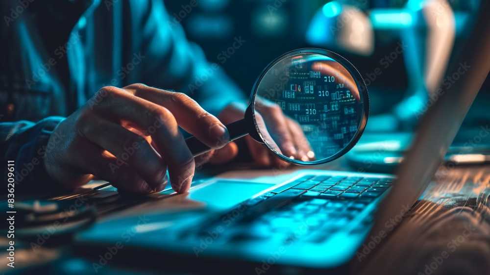 Person using magnifying glass to examine digital code on laptop keyboard in dimly lit room ...