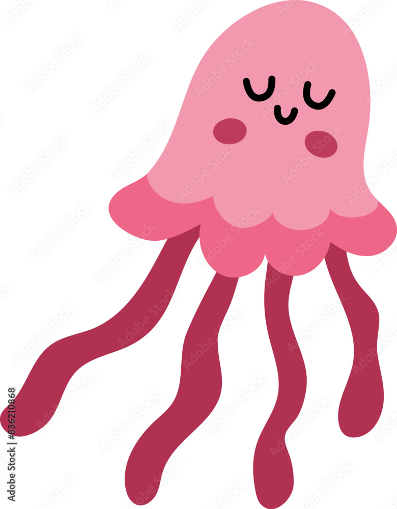 Vector pink jellyfish icon. Under the sea illustration with cute funny ...