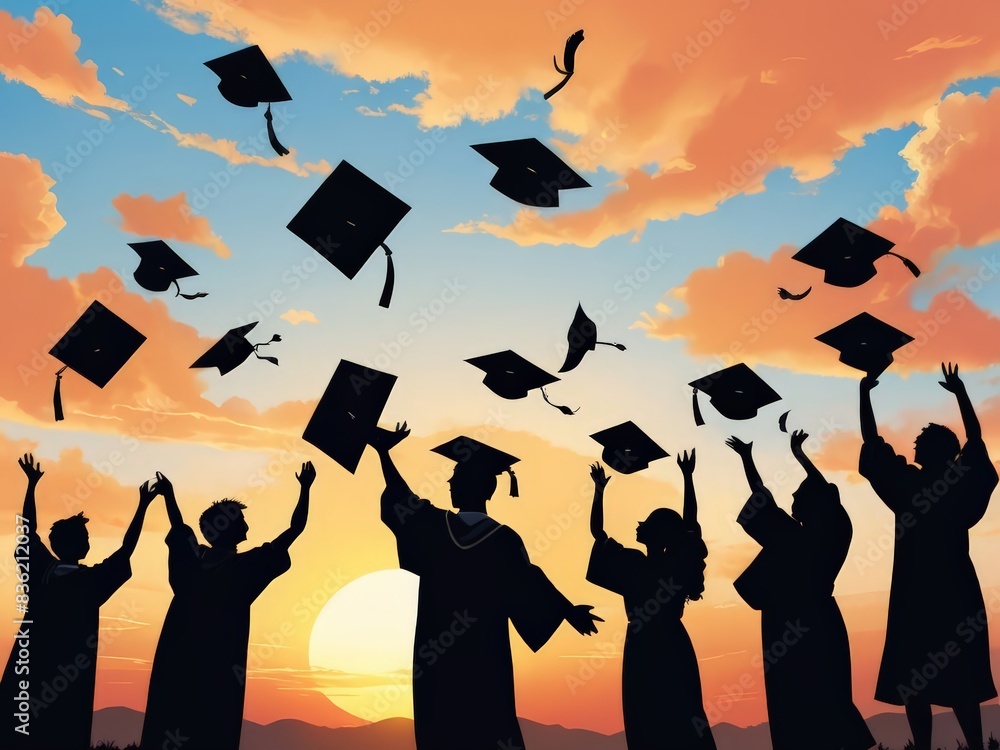 Graduation Caps Thrown in the Air. Graduation caps confetti. Flying ...