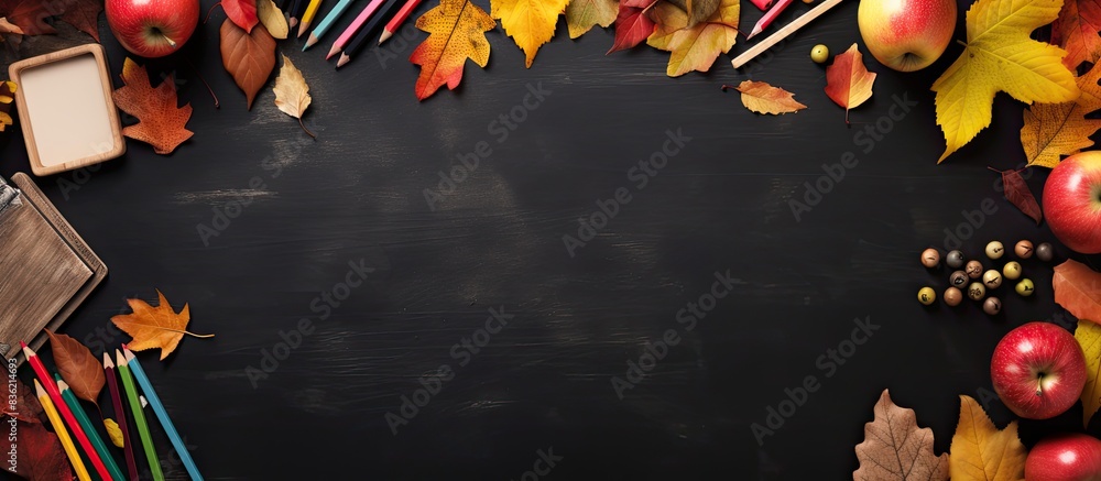 Back to school concept featuring a school bus, pencils, tree sketch ...