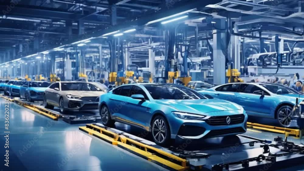 Busy factory assembly line producing modern cars using mass production ...