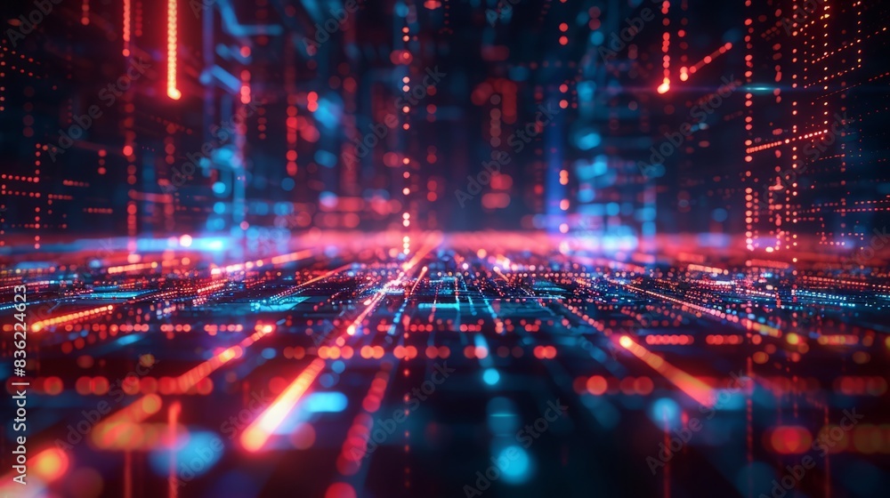 Glossy Black Surfaces with Glowing Red and Blue Neon Lines: High-Speed ...