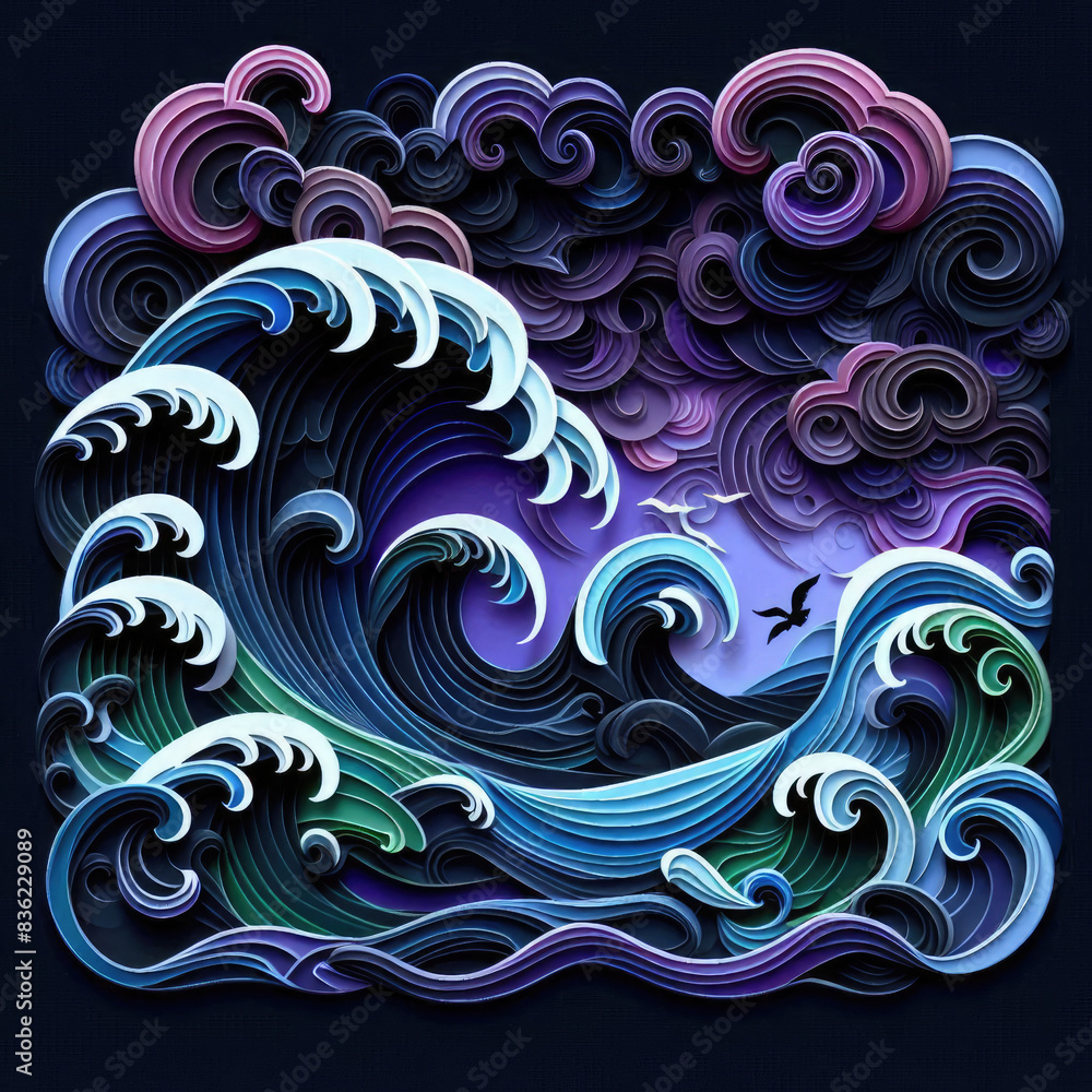 Generative AI A unique and artistic paper wave art piece featuring dark ...