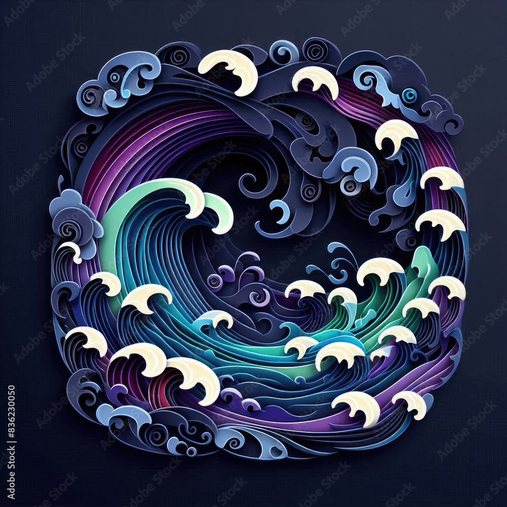 Generative AI A unique and artistic paper wave art piece featuring dark ...