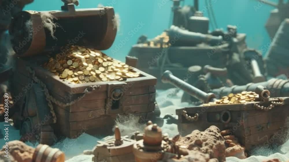 Picture an animation showcasing the discovery of a sunken pirate ship ...