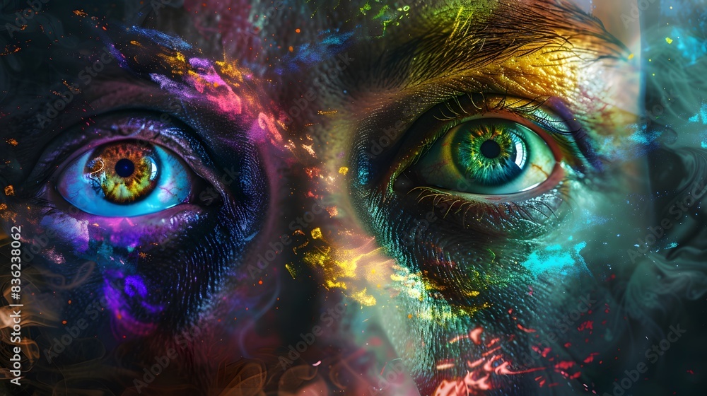 Surreal portrait with multiple eyes and distorted features, selective ...