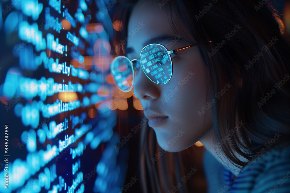 Women in glasses reading HTML scripts, programming and cyber security research, plus data ...