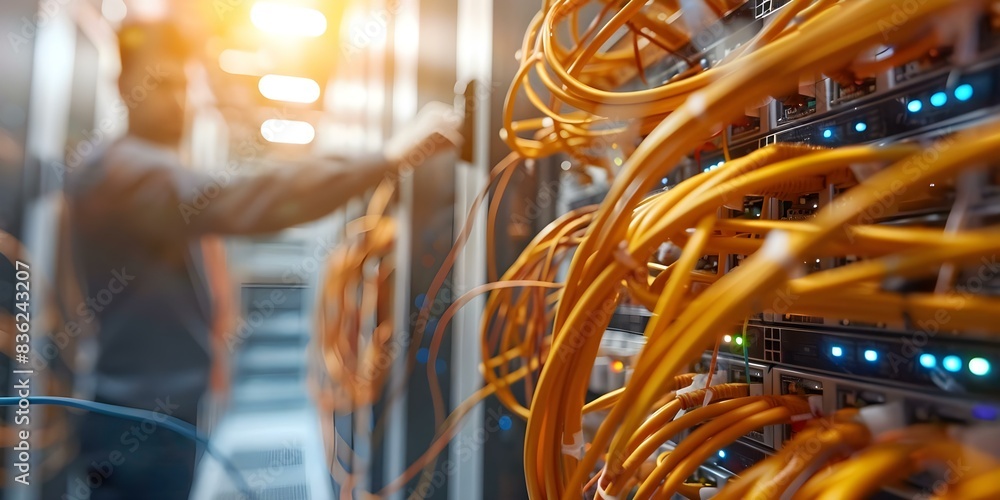 Setting up cables in server rack for data center maintenance. Concept ...