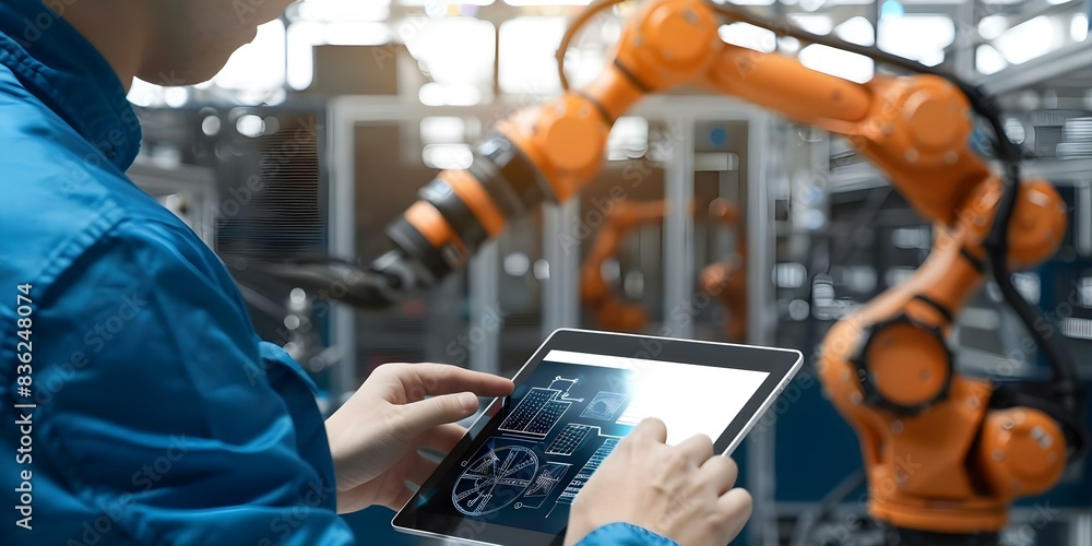 Engineer using tablet to monitor automation robot arm in smart factory ...
