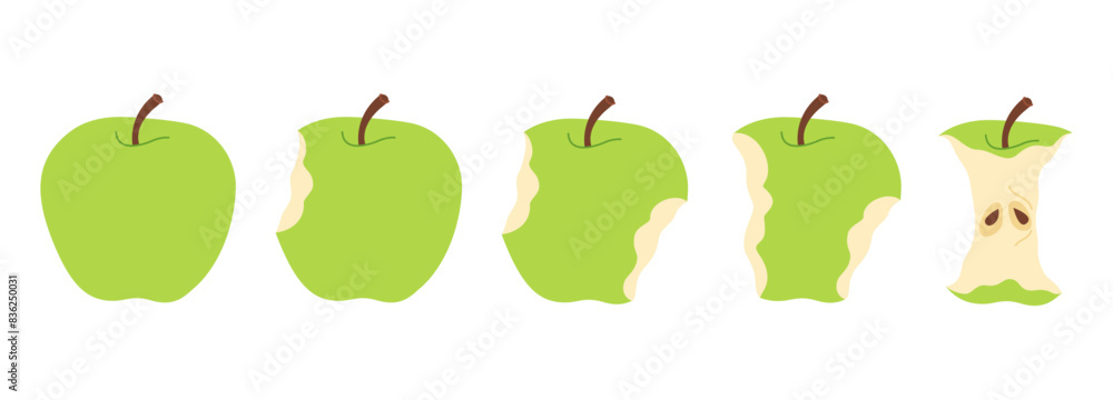 Apple eating steps cartoon icon set. Stages of biting green ripe apple ...