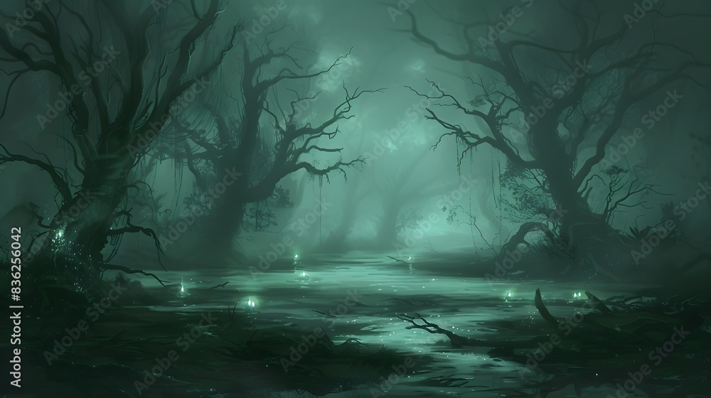 A dark, eerie swamp with twisted trees, thick fog, and glowing will-o ...