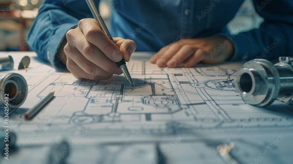 Office scene with engineers drafting precise engineering plans for a ...