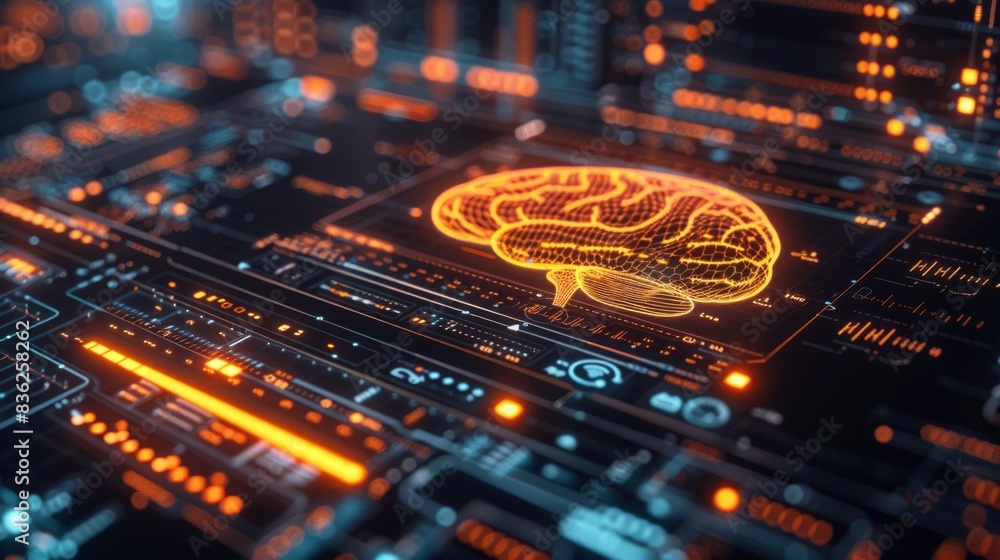 Artificial Intelligence brain, Glowing Neural Pathways and Luminous Fibers, Striking Silhouette ...