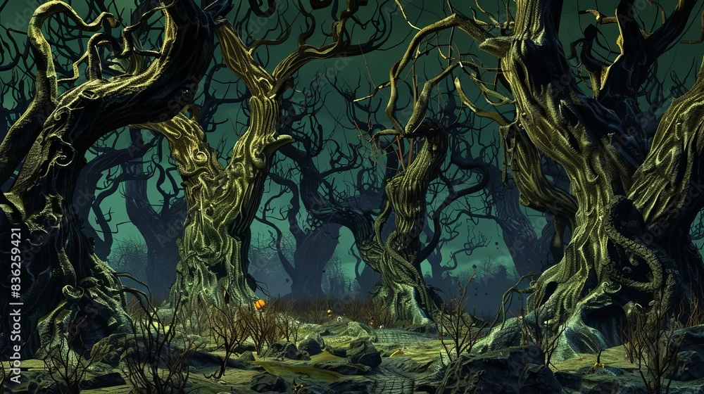 257 Terrifying 3D cartoon haunted forest with gnarled trees and ...