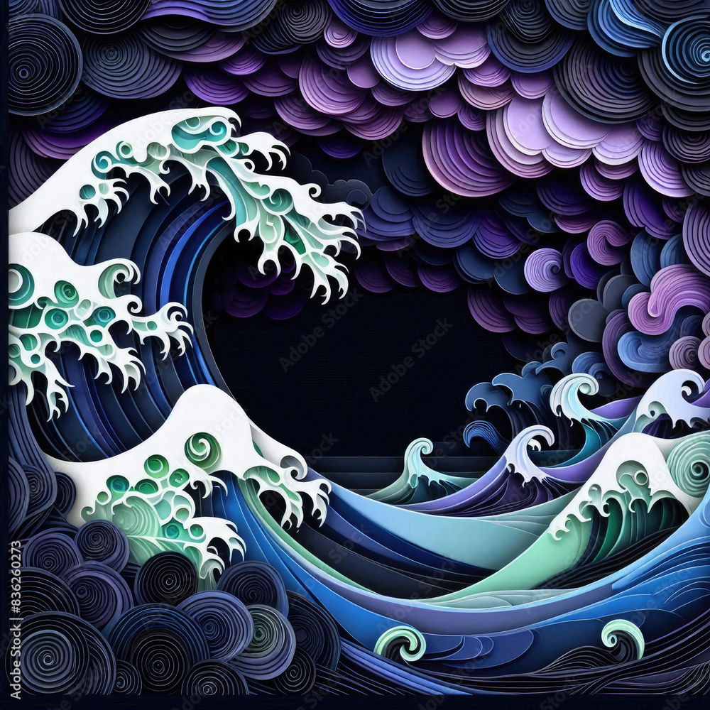 Generative AI A unique and artistic paper wave art piece featuring dark ...