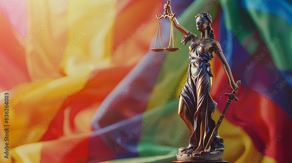 Statue of Lady Justice standing on a rainbow flag. Concept LGBTQ pride ...