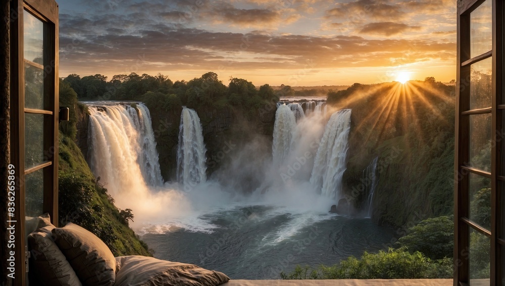 Stunning view of multiple waterfalls at sunrise, seen from a window ...