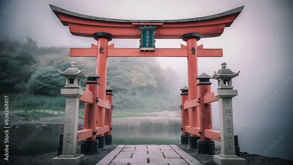 Design a traditional Japanese torii gate scene, emphasizing its simple ...