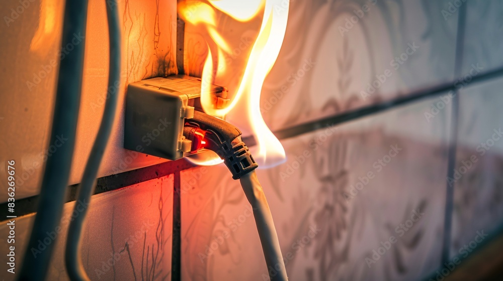 A domestic accident image showing an indoor electric wire plug igniting ...