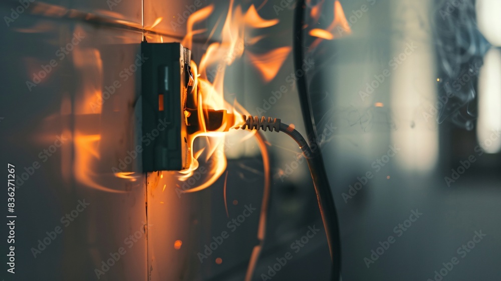 A domestic accident image showing an indoor electric wire plug igniting ...