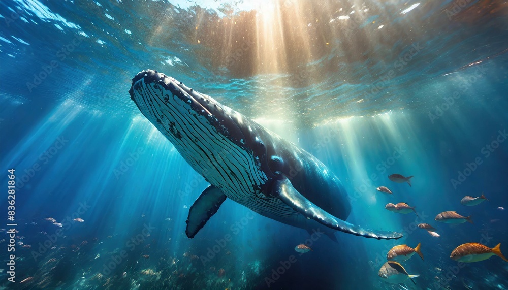 the blue whale was swimming in the sea the camera angle was bottom the ...