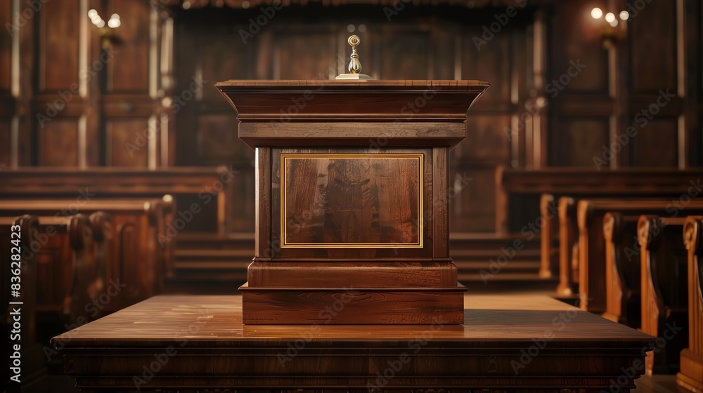 Classic wooden podium with brass inlays, set in a historic courtroom ...